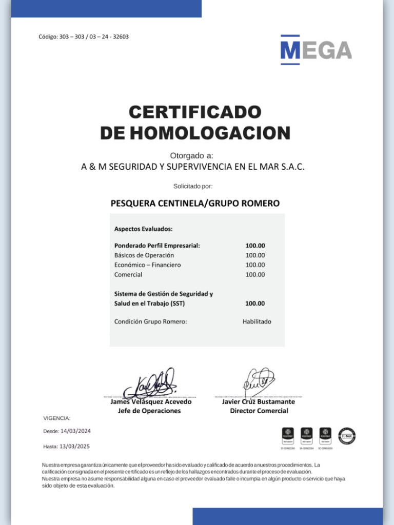 Certificate of Approval by Grupo Romero and Pesquera Centinela - AMSUMAR